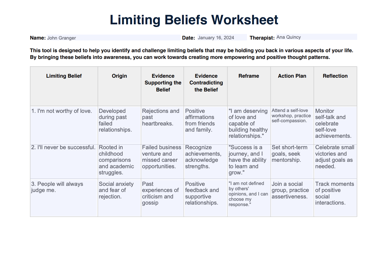 Limiting Beliefs Worksheet & Example | Free PDF Download